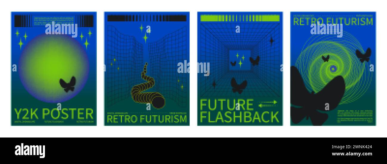 Set of y2k aesthetic techno banners. Vector realistic illustration of ...