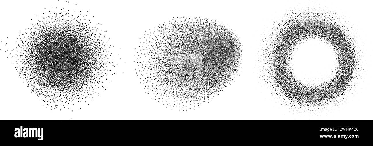 A set of halftone splatter forms forming dark lack stipple grain smoke ...