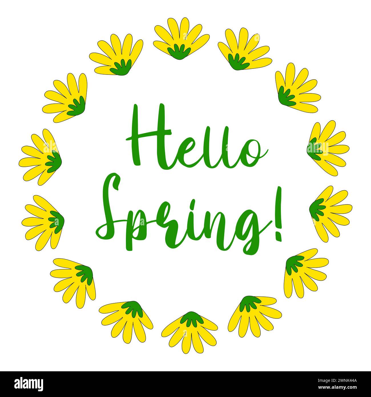 Round frame with yellow flowers and Hello Spring phrase, spring design ...