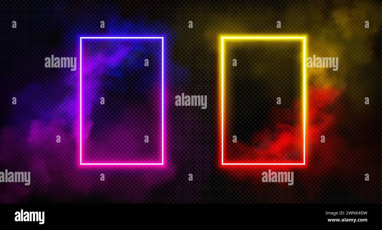 Rectangle neon luminous gradient frame with smoke clouds. realistic ...