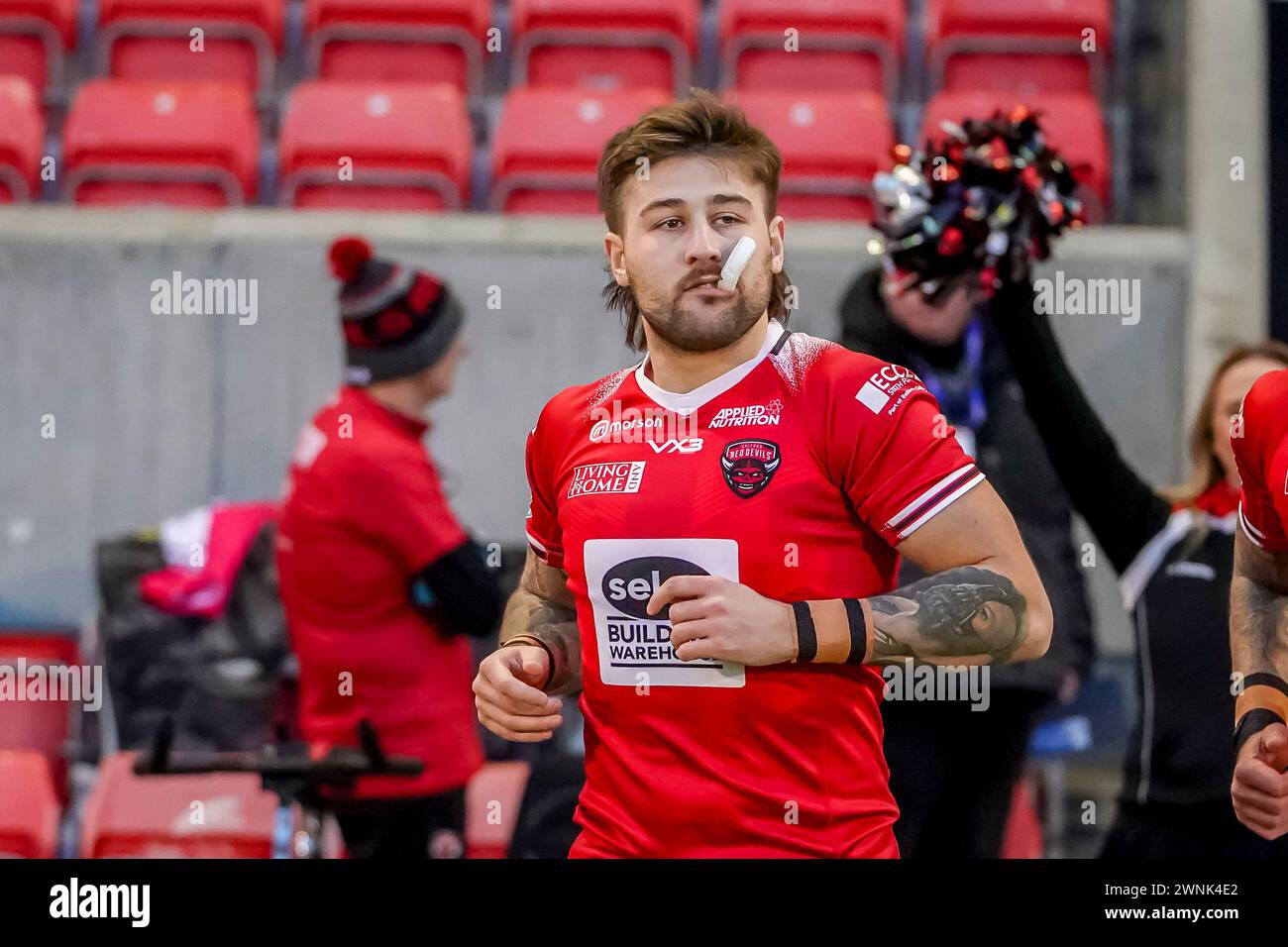 Joe Sharrocks running out for kick off. Salford Red Devils Vs Hull KR ...