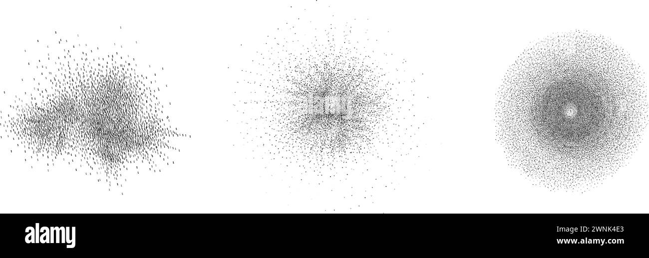 A set of halftone splatter forms forming dark lack stipple grain smoke ...