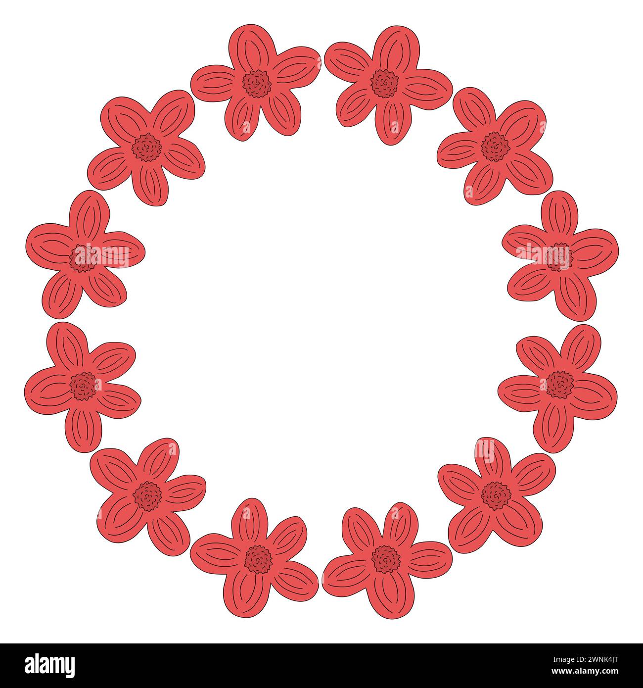 Round flower frame from simple red flowers, spring design element ...