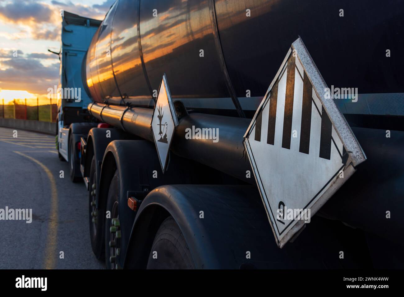 Danger labels on a tanker truck with dangerous goods, with the number ...