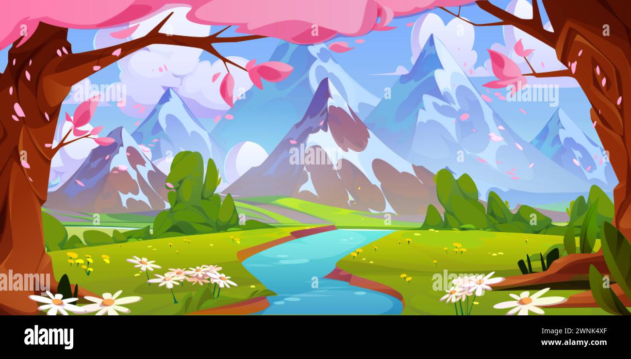 Spring mountain river landscape with old sakura trees. Vector cartoon ...
