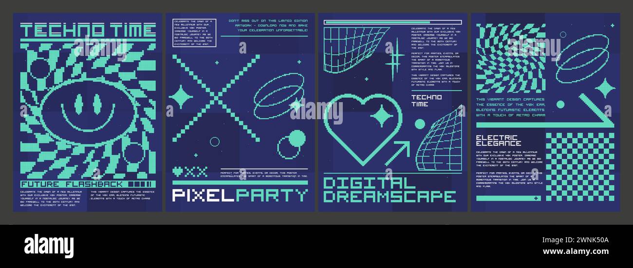Y2k vibe flyers collection. Vector illustration of retrowave aesthetic ...