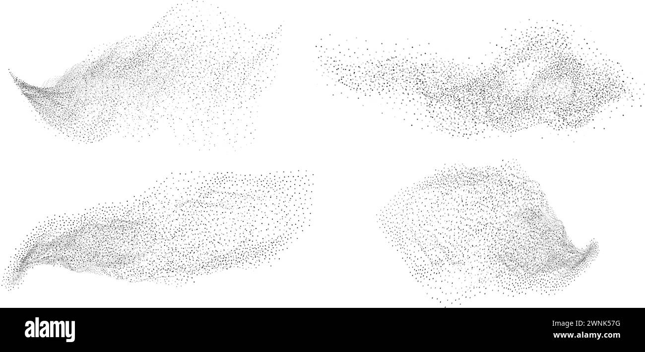 A set of halftone splatter forms forming dark lack stipple grain smoke ...