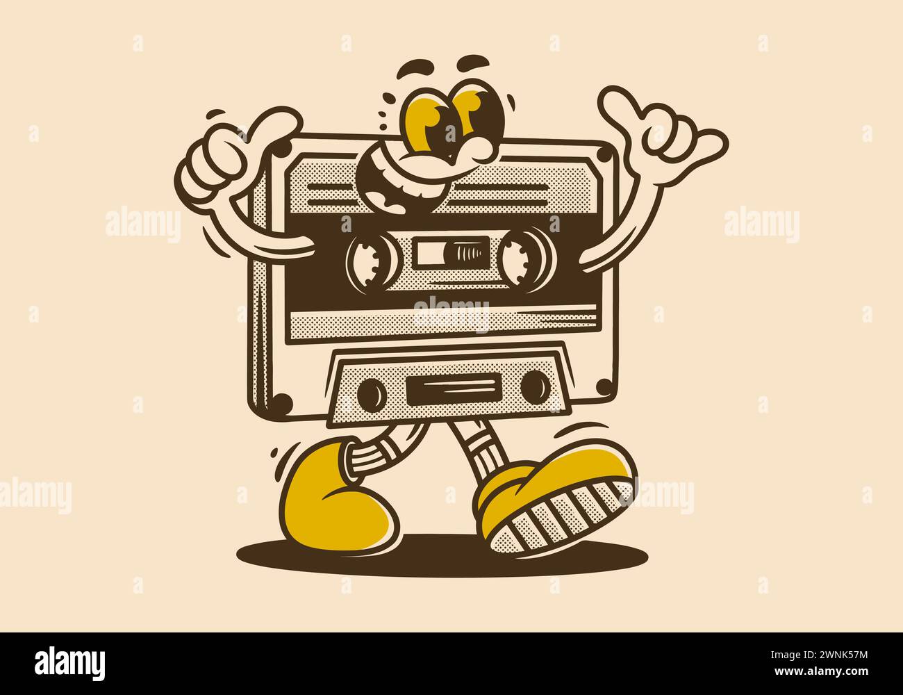 Vintage illustration design of walking Cassette tape mascot character ...