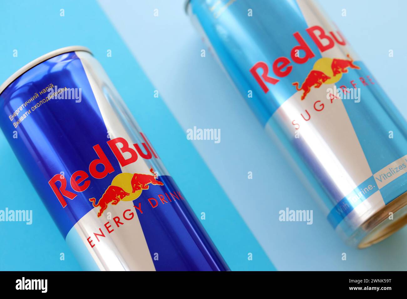 TERNOPIL, UKRAINE - JULY 7, 2023 Red Bull energy drink aluminium tin ...