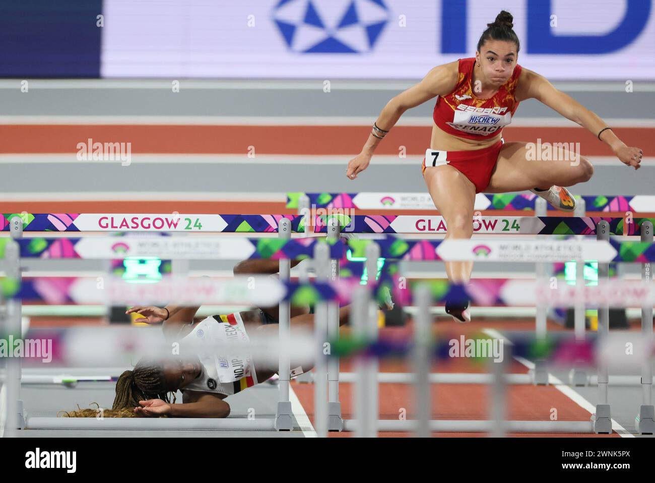 Glasgow, UK. 03rd Mar, 2024. Belgian Yanla Ndjip-Nyemeck falls during the heats of the women's ...