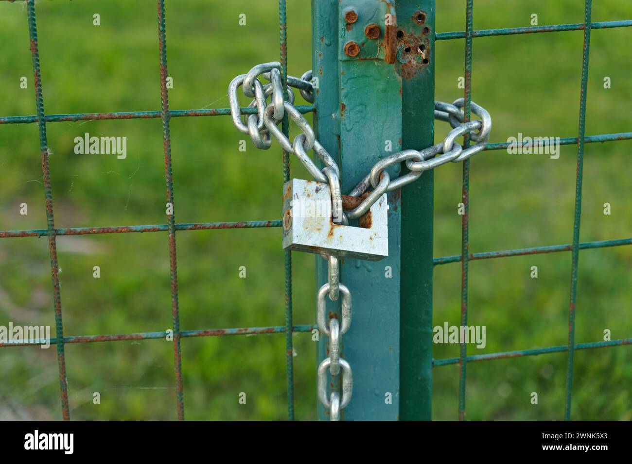 A green gate stands closed with a metal chain securing it shut. The ...