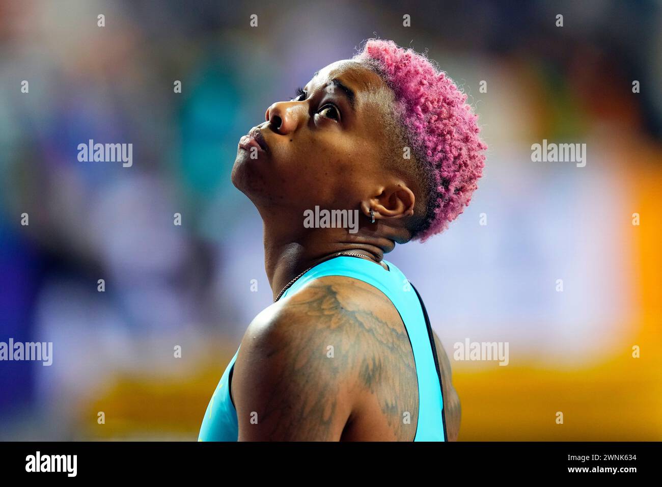 Devynne Charlton, of Bahamas, looks up after qualifying in a women's 60 ...