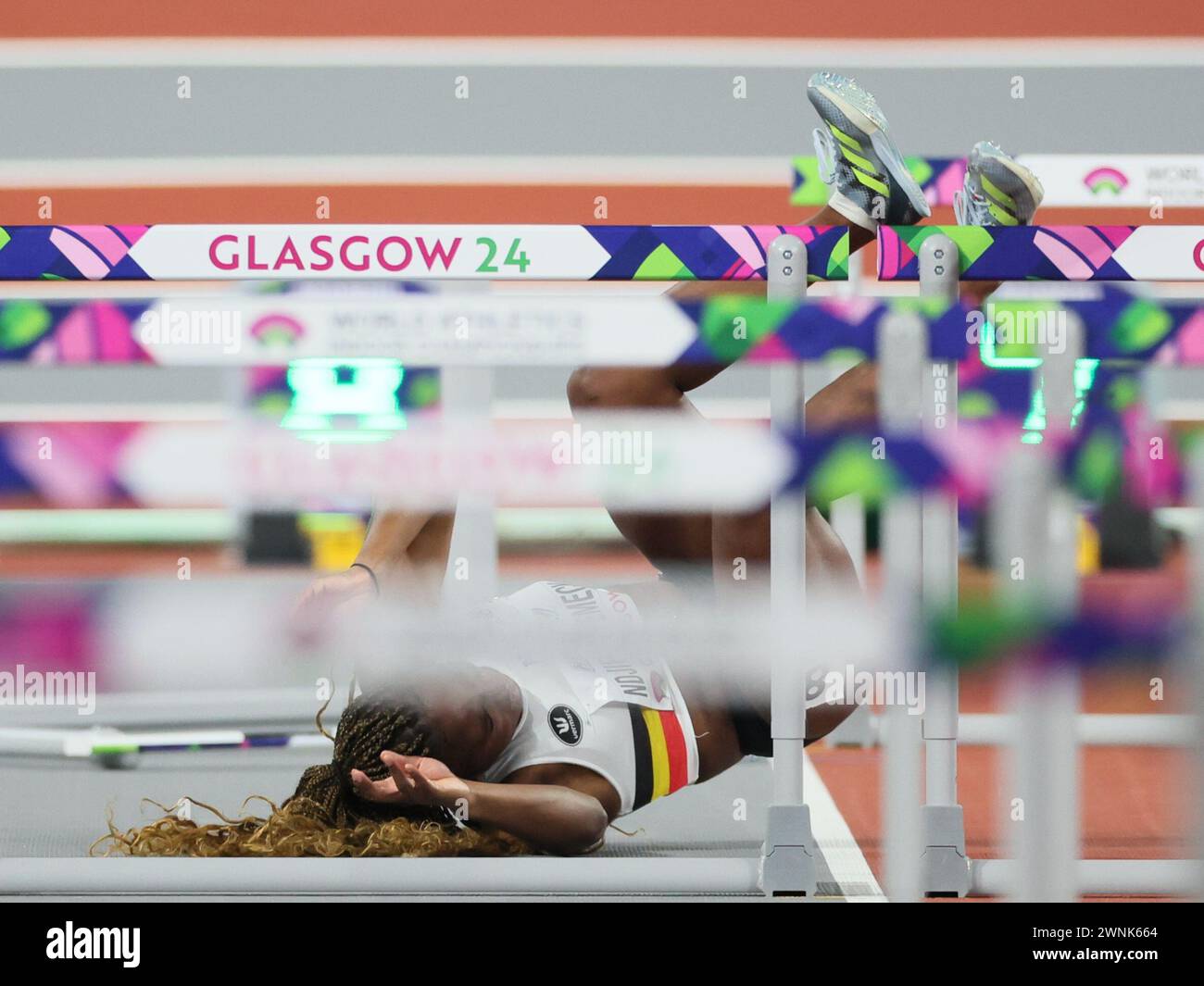 Glasgow, UK. 03rd Mar, 2024. Belgian Yanla Ndjip-Nyemeck falls during the heats of the women's ...
