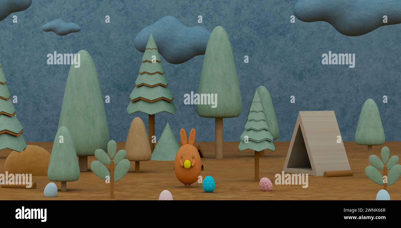 Easter Animation on cartoon background. Cute Rabbit with easter eggs on ...