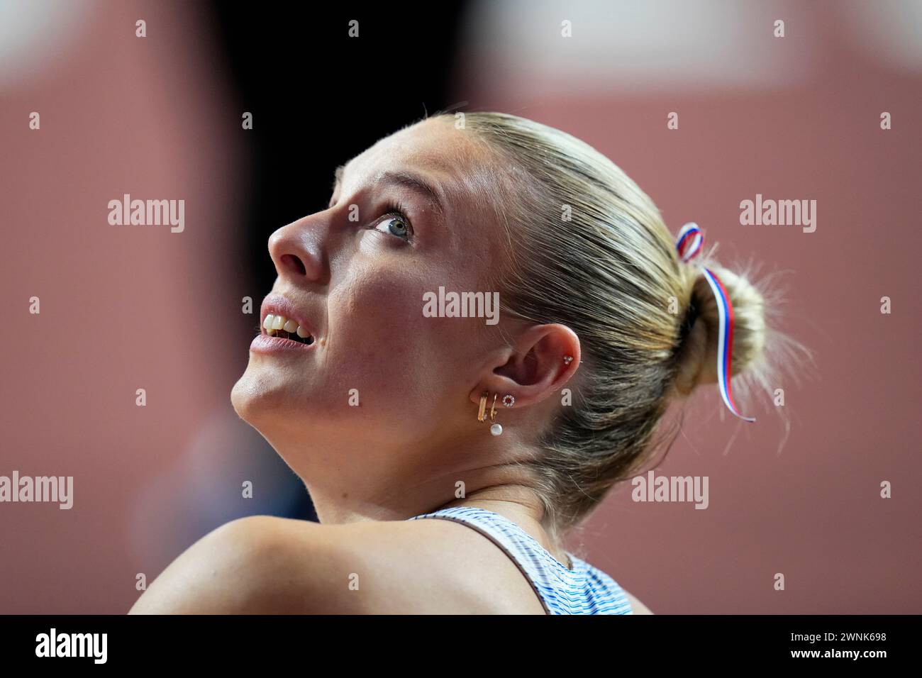 Viktoria Forster, of Slovakia, looks up after finishing a women's 60 ...