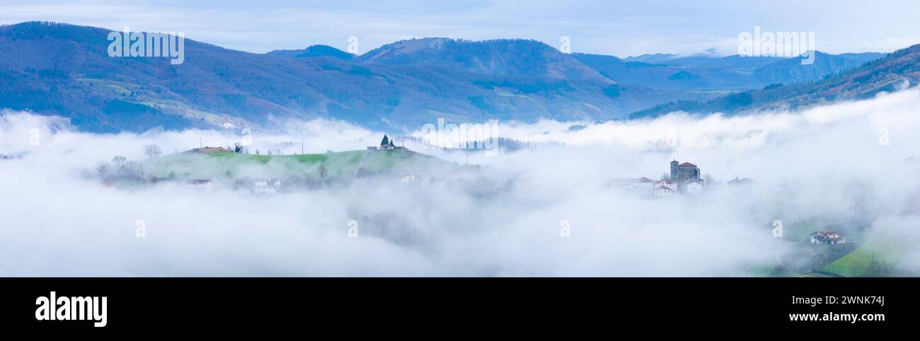 Aerial drone view of the winter landscape around the town of Gainza and ...