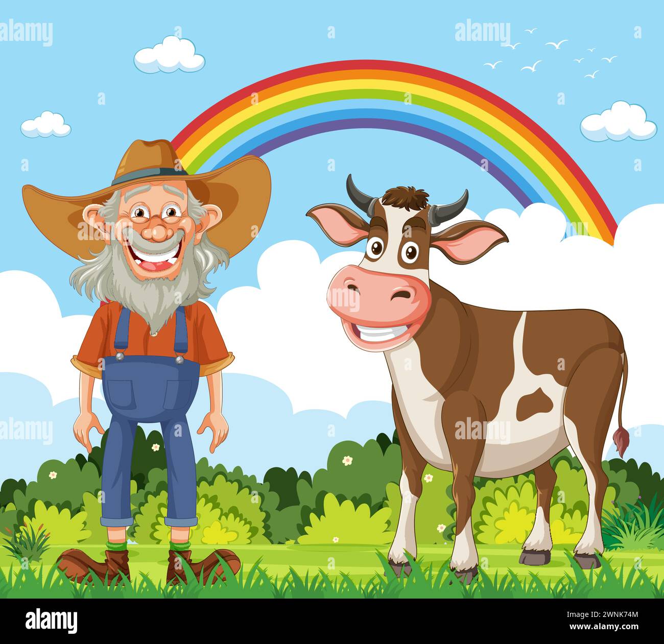 Cartoon of a smiling farmer with his cow outdoors Stock Vector Image ...