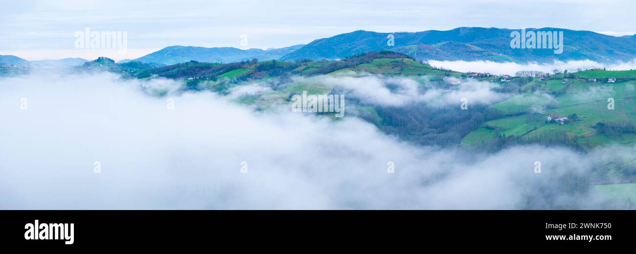Aerial drone view of the winter landscape around the town of Gainza and ...