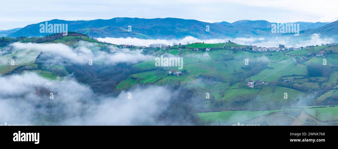 Aerial drone view of the winter landscape around the town of Gainza and ...
