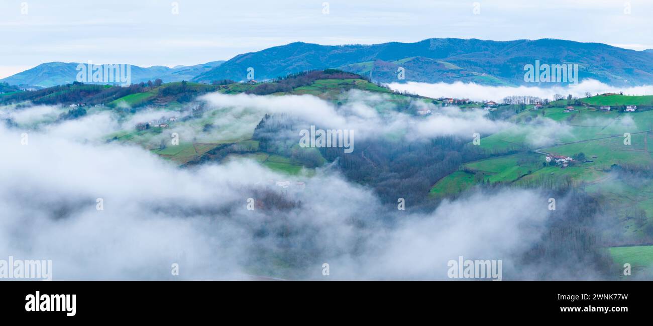 Aerial drone view of the winter landscape around the town of Gainza and ...