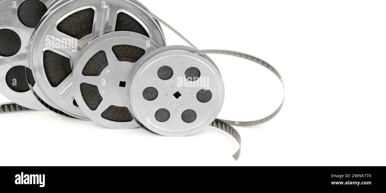 Set of reels with film strip isolated on a white background. Free space ...
