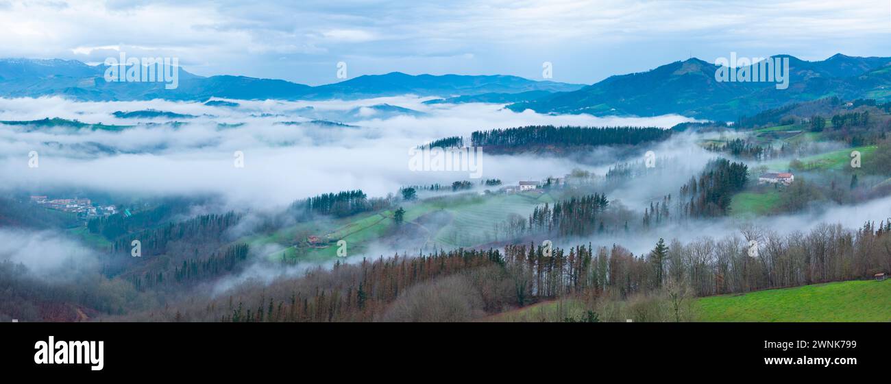 Aerial drone view of the winter landscape around the town of Gainza and ...
