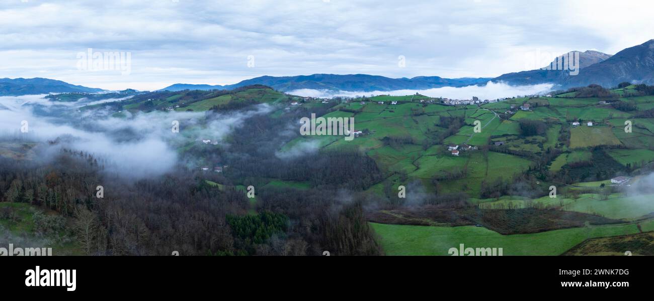 Aerial drone view of the winter landscape around the town of Gainza and ...