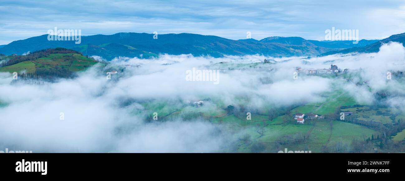Aerial drone view of the winter landscape around the town of Gainza and ...