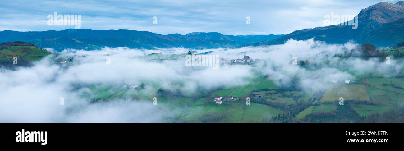 Aerial drone view of the winter landscape around the town of Gainza and ...