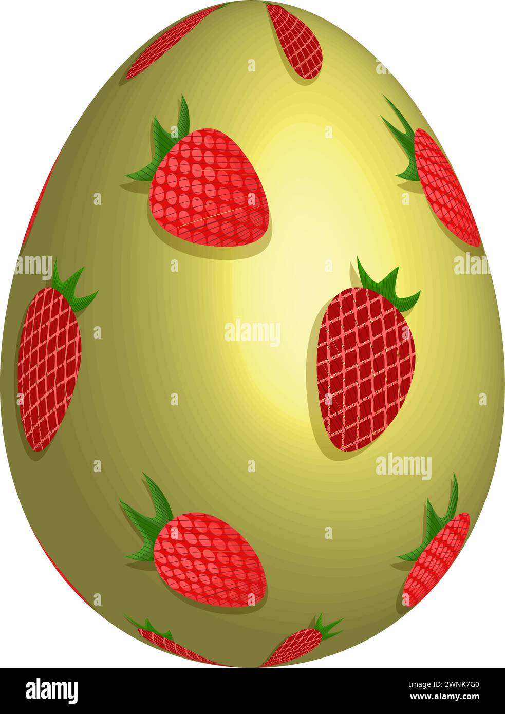 Realistic 3D egg decorated with strawberries and shadows motif drawing ...