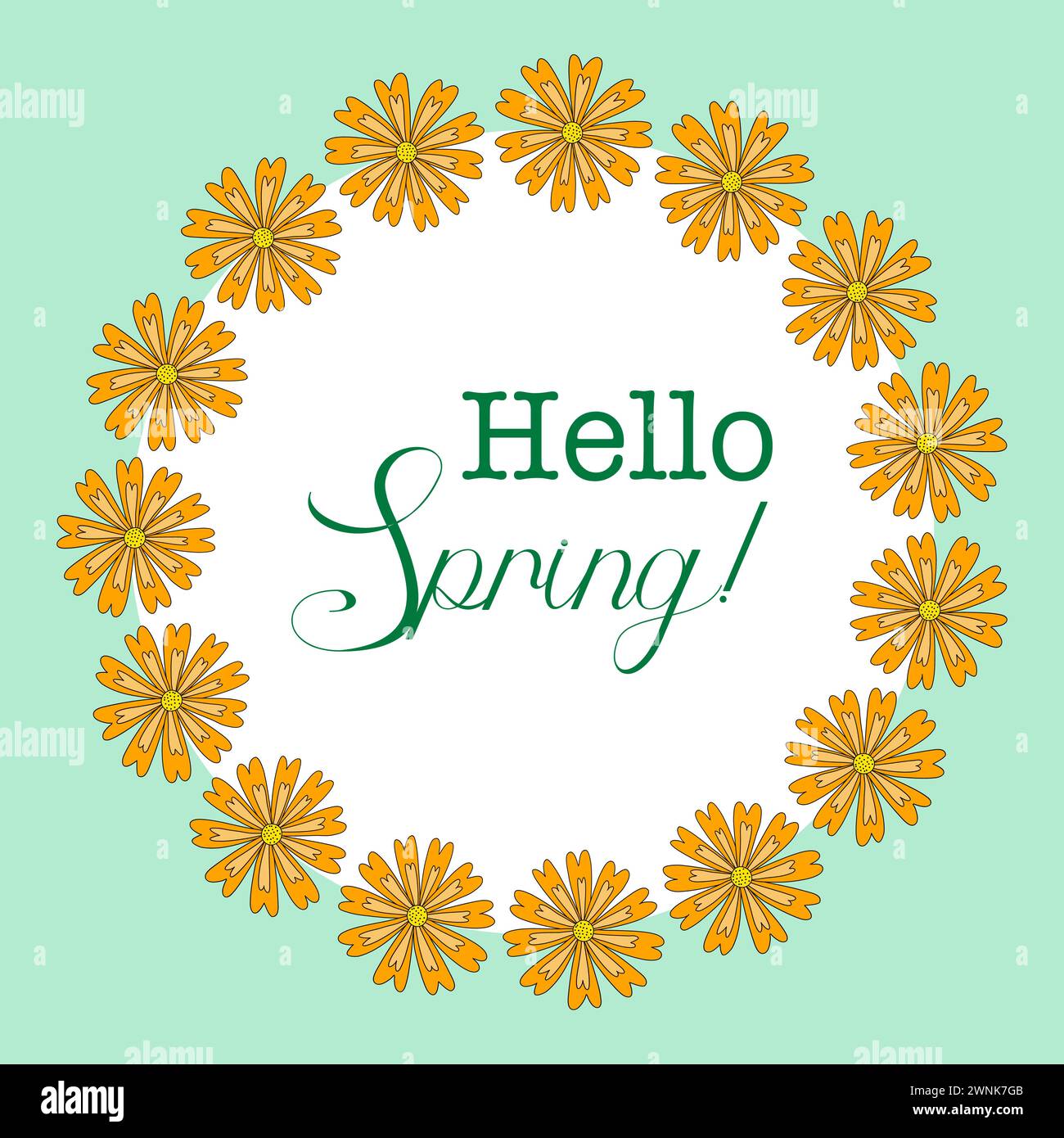 Round frame with yellow flowers and Hello Spring phrase, spring design ...