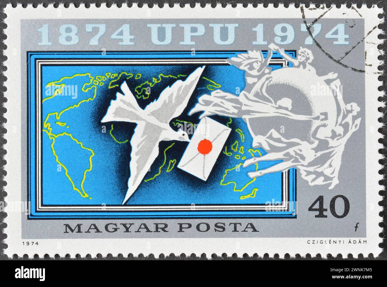 Cancelled postage stamp printed by Hungary, that shows Dove with Letter ...