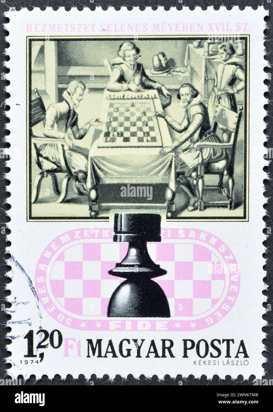 Cancelled postage stamp printed by Hungary, that shows "The Chess ...