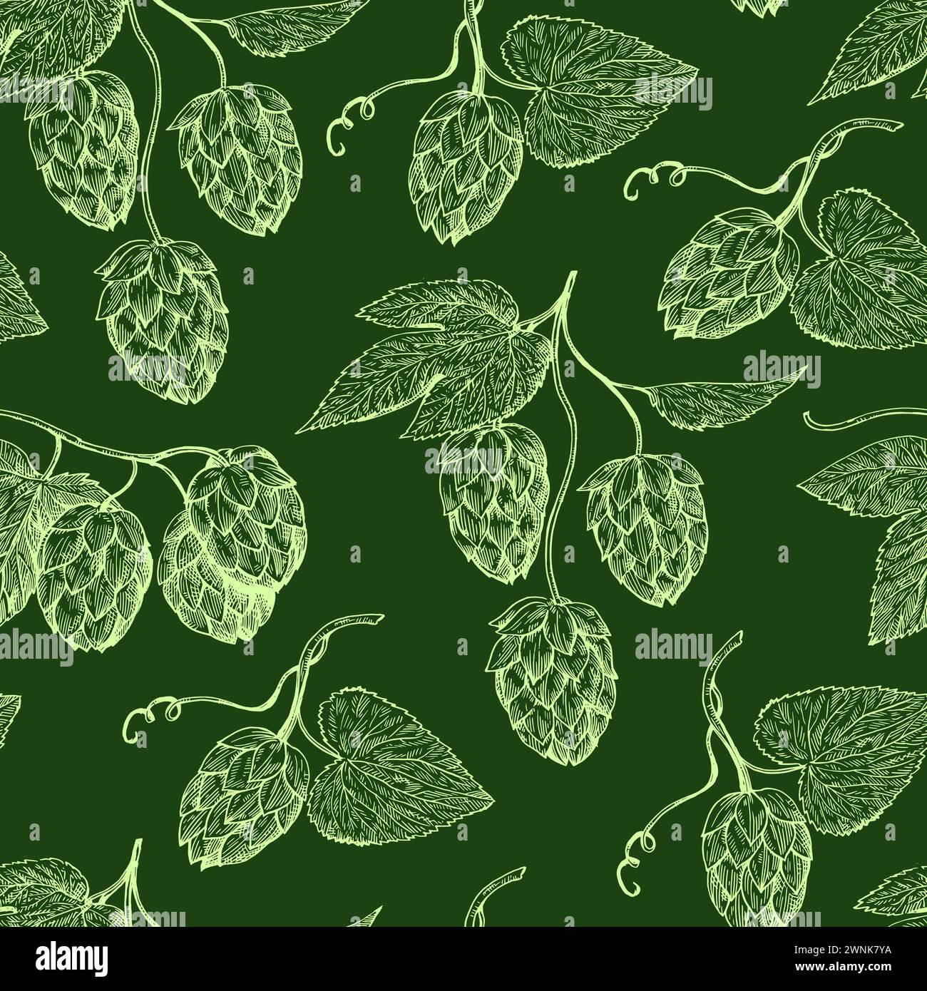 Seamless pattern with hop cones in vintage engraving style. Hand-drawn ...