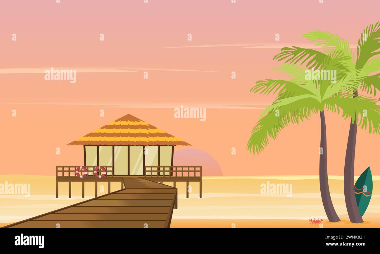 Beach Hut Or Bungalow On Tropical Island Resort With Wooden Bridge At