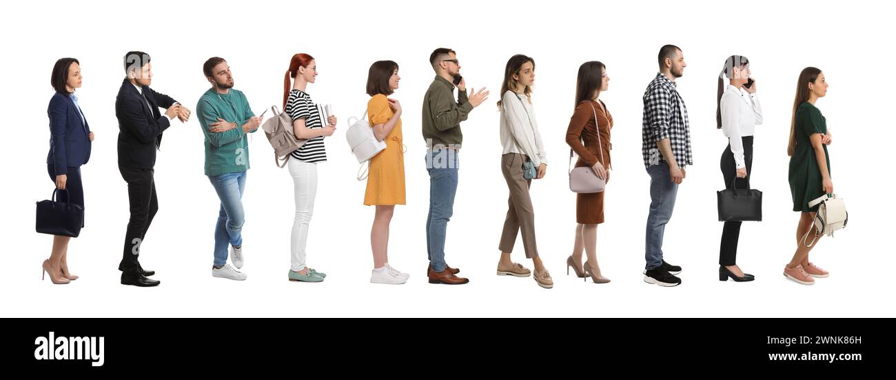 People waiting in queue on white background Stock Photo - Alamy