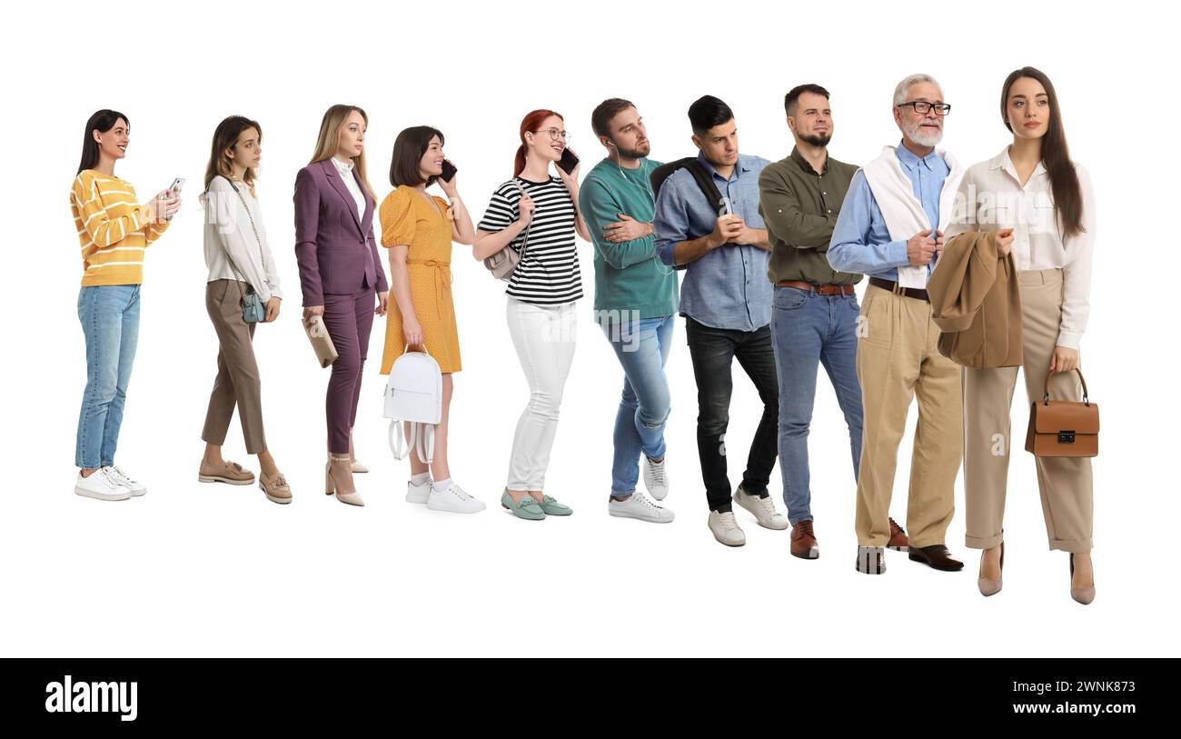 People waiting in queue on white background Stock Photo - Alamy