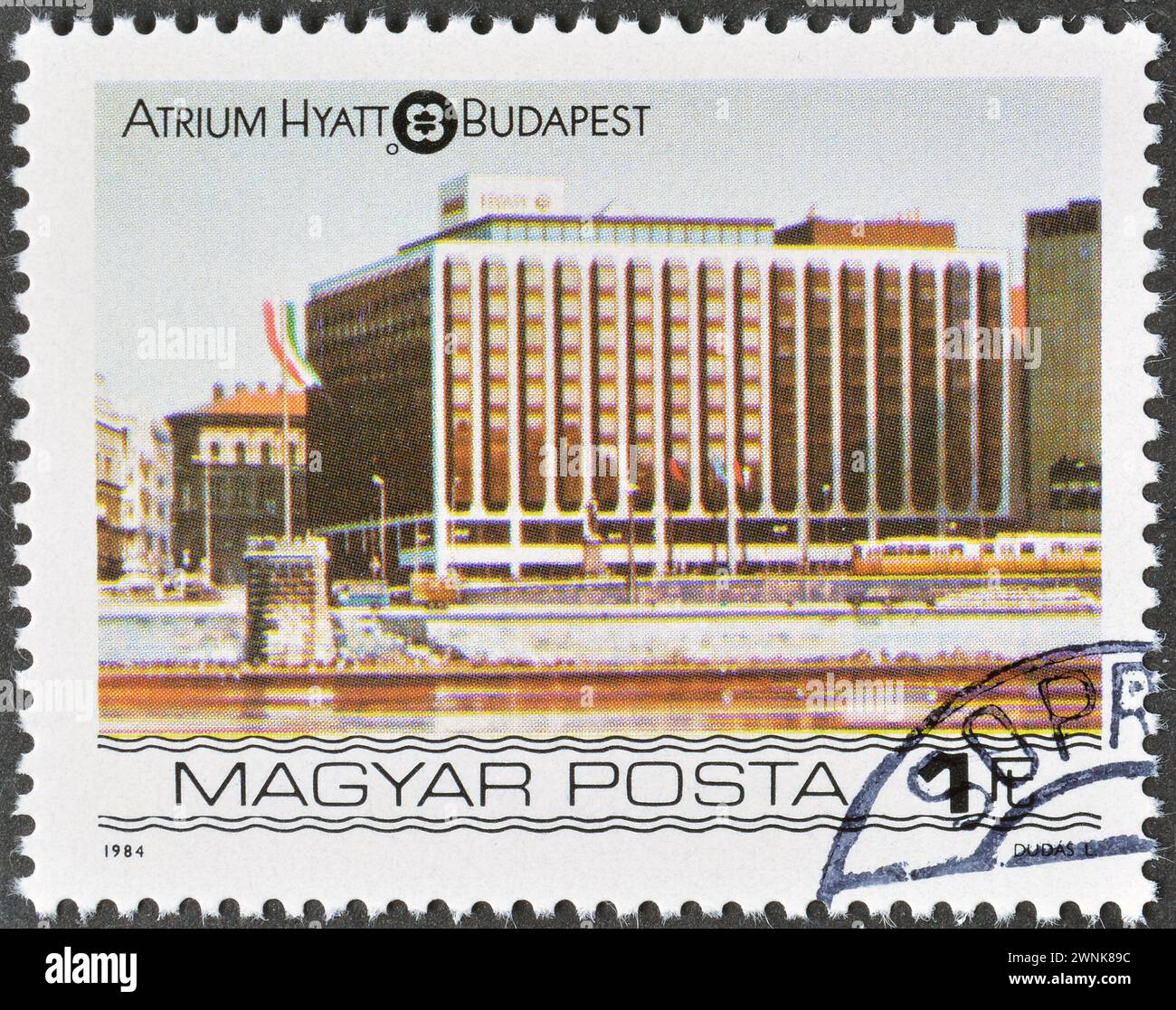 Cancelled postage stamp printed by Hungary, that shows Atrium Hyatt ...