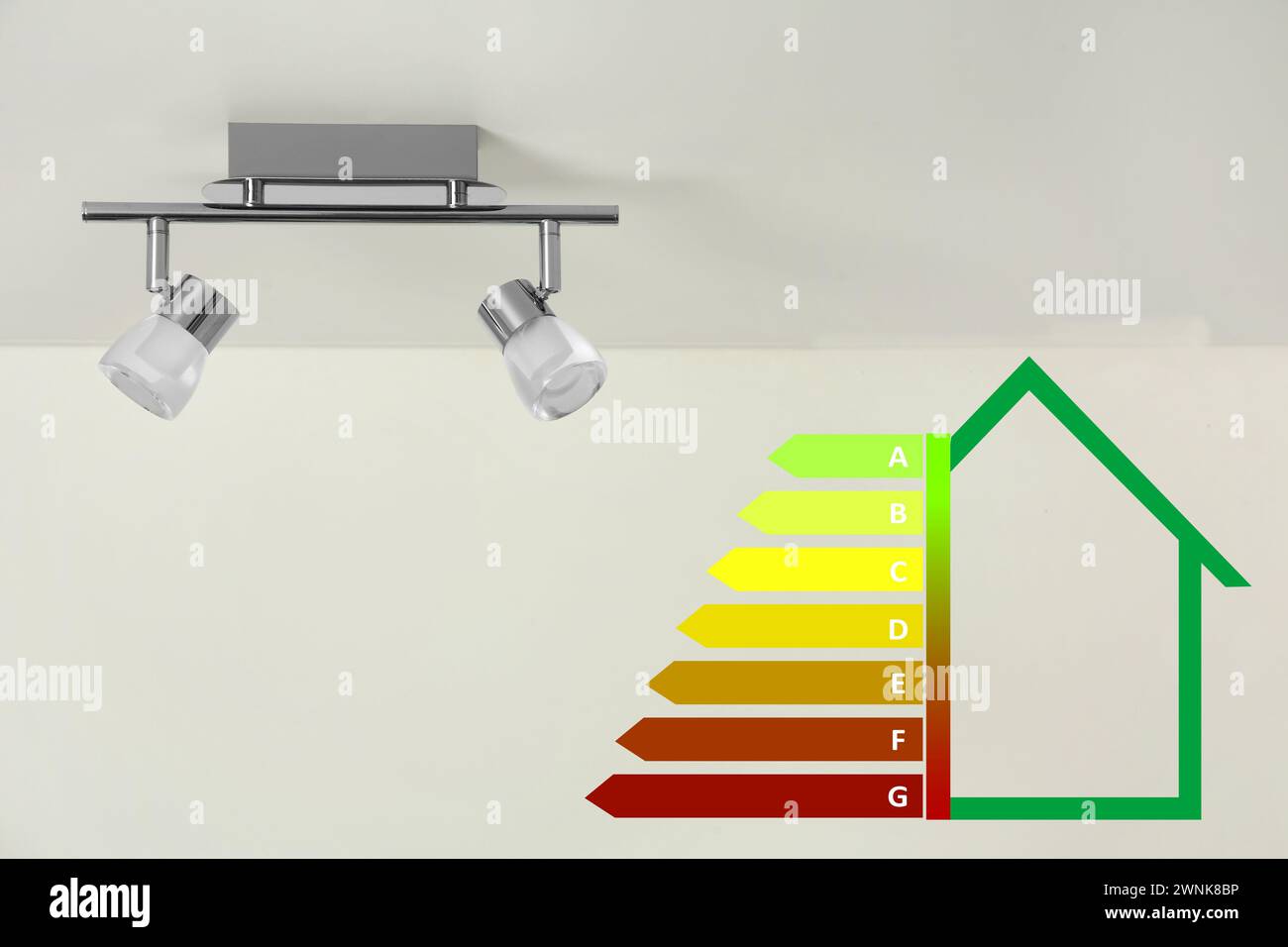 Energy efficiency rating label and light fixture on ceiling indoors ...