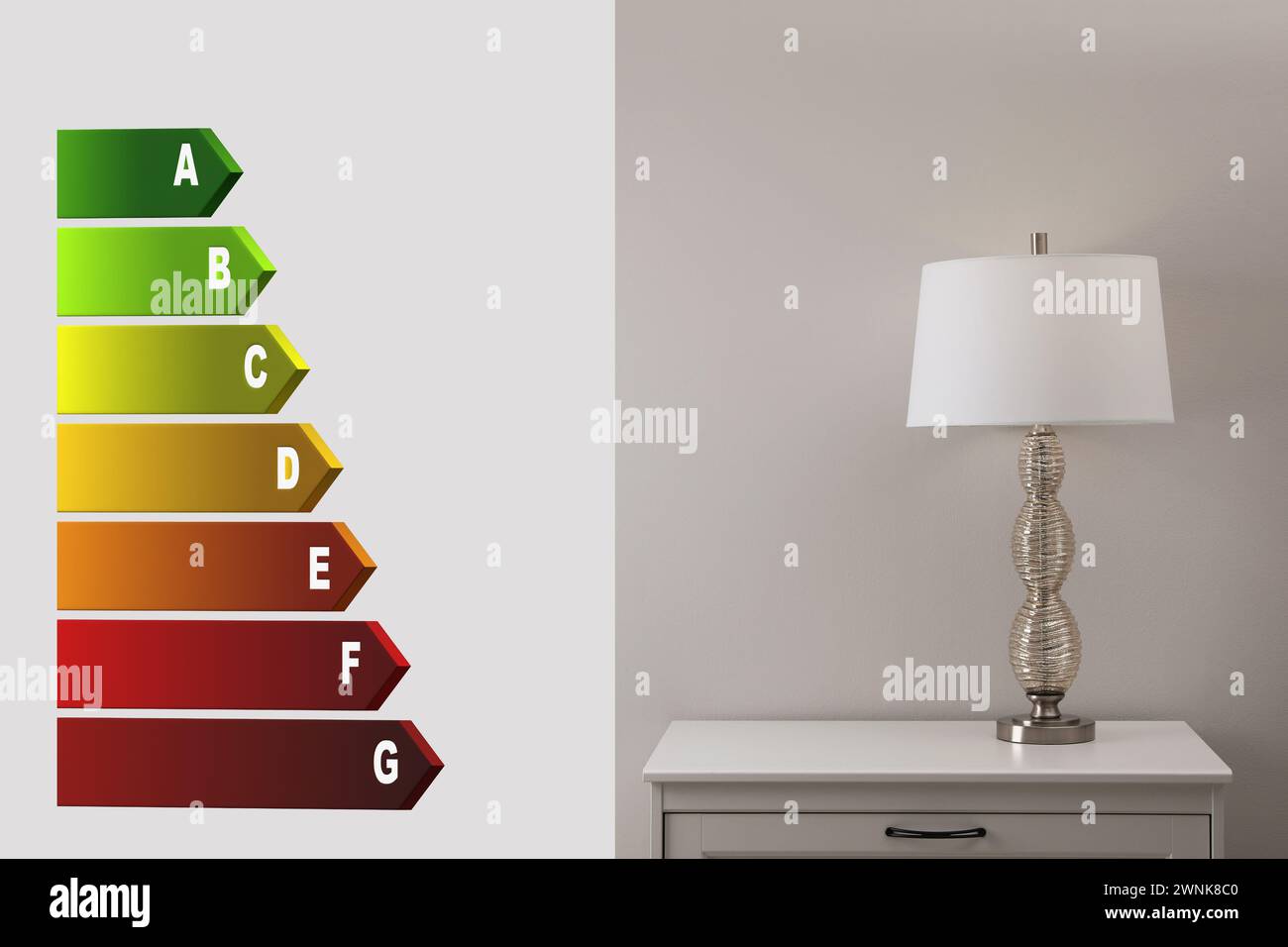 Energy efficiency rating label and lamp on bedside table near grey wall ...