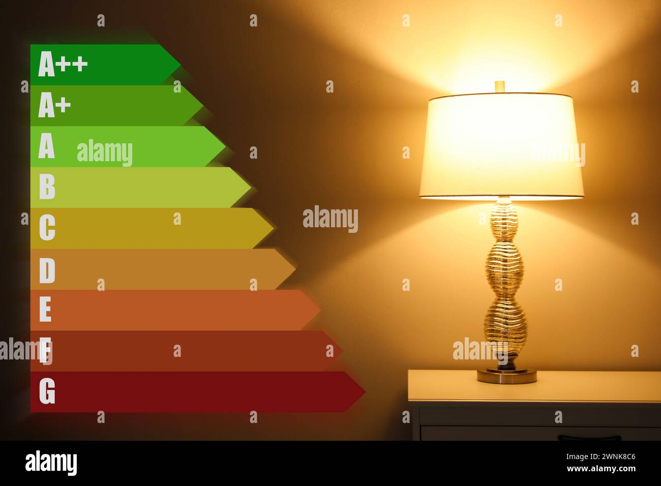 Energy efficiency rating label and lamp on bedside table indoors Stock ...