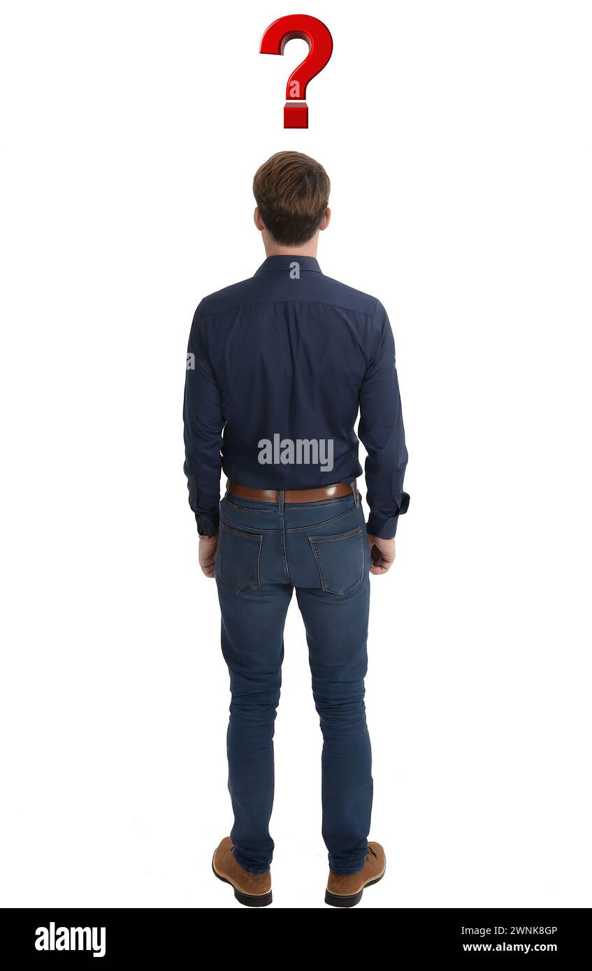 man standing with a big red question mark above him Stock Photo - Alamy