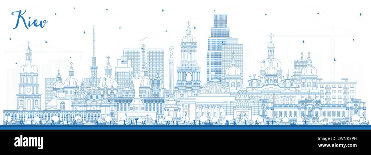 Outline Kiev Ukraine city skyline with blue buildings. Vector ...