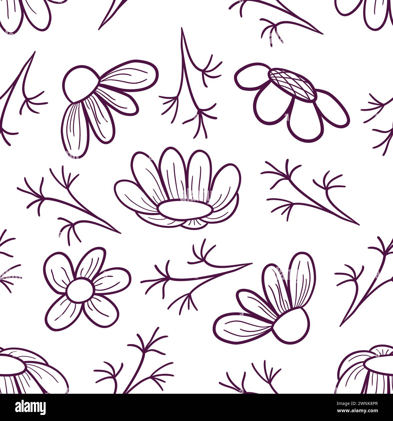 Seamless floral pattern with daisy flowers on doodle technique vector ...