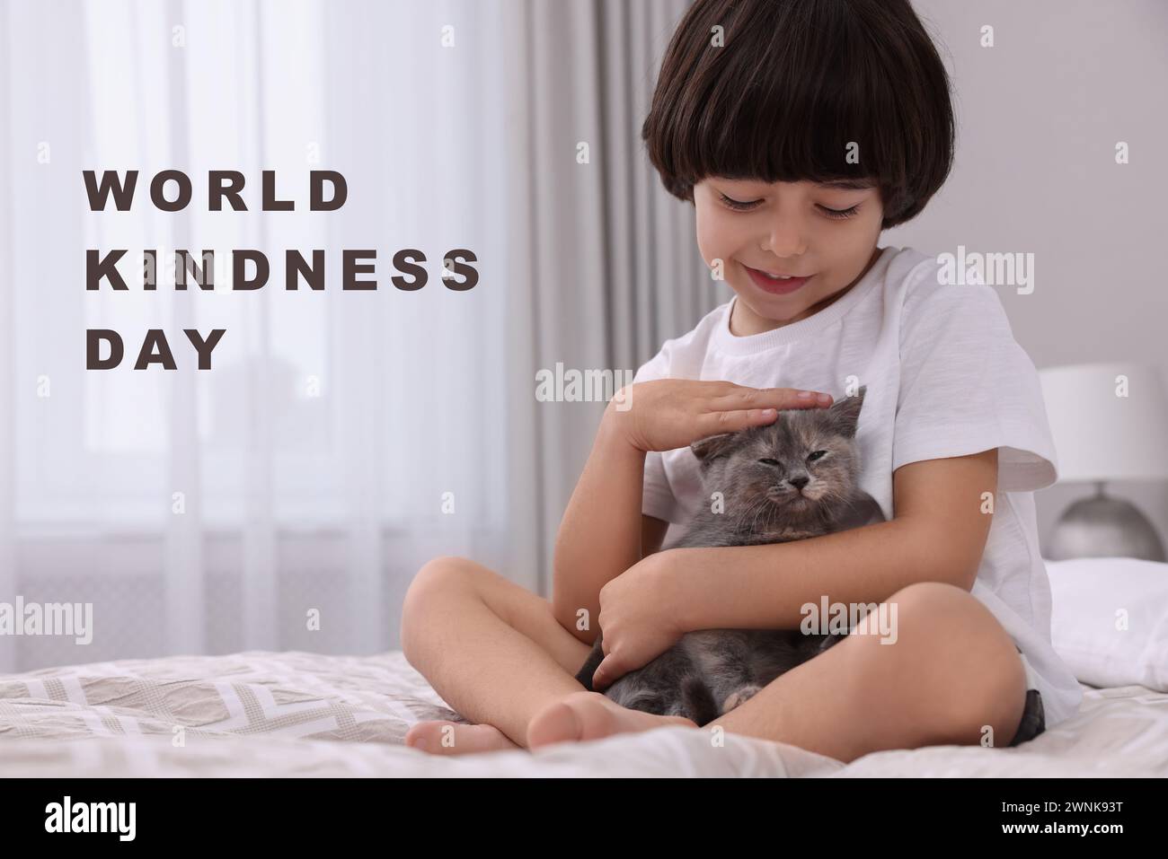 World Kindness Day. Smiling boy stroking cat in bedroom Stock Photo - Alamy