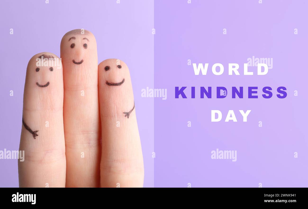 World Kindness Day. Three fingers with drawings of happy faces on ...