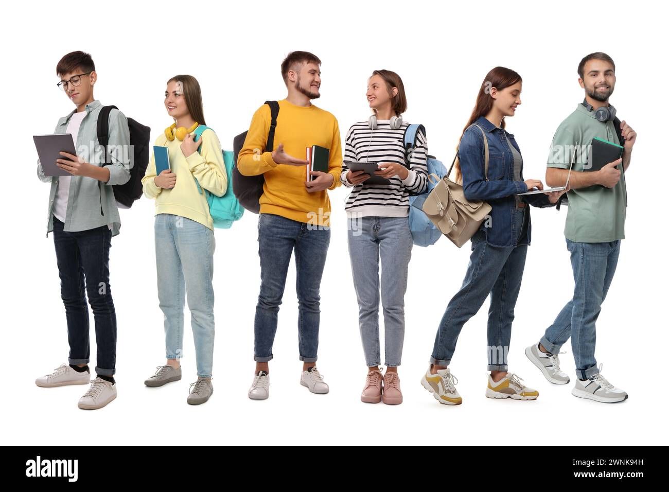 Group of happy students on white background Stock Photo - Alamy