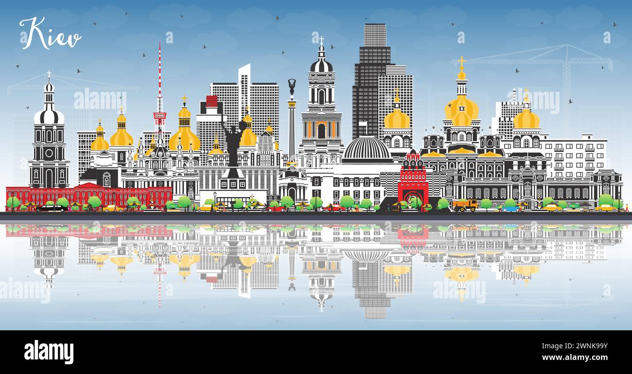 Kiev Ukraine city skyline with color buildings, blue sky and ...