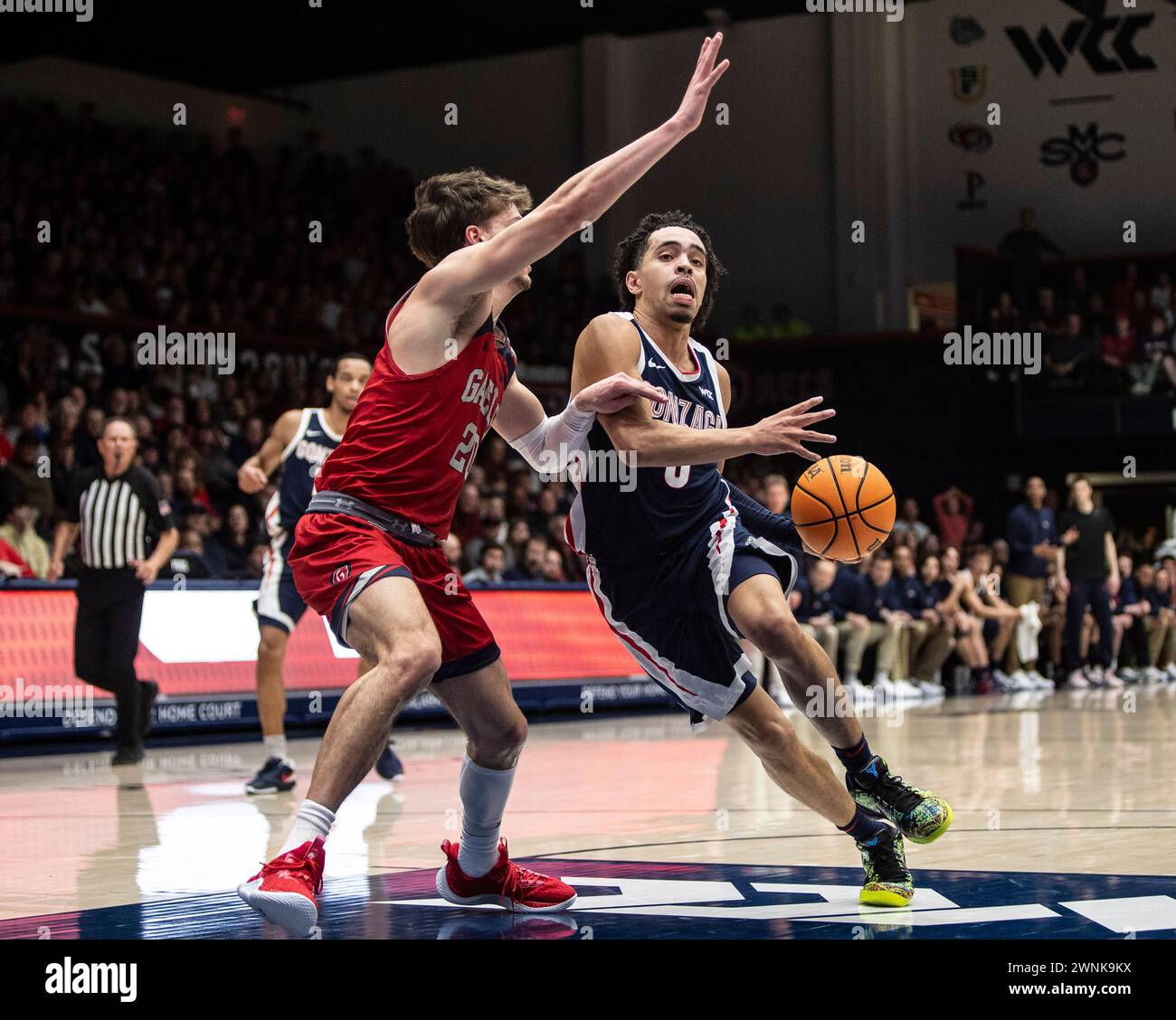 March 02 2024 Moraga, CA U.S.A. Gonzaga guard Ryan Nembhard (0)drives to the hoop during the ...