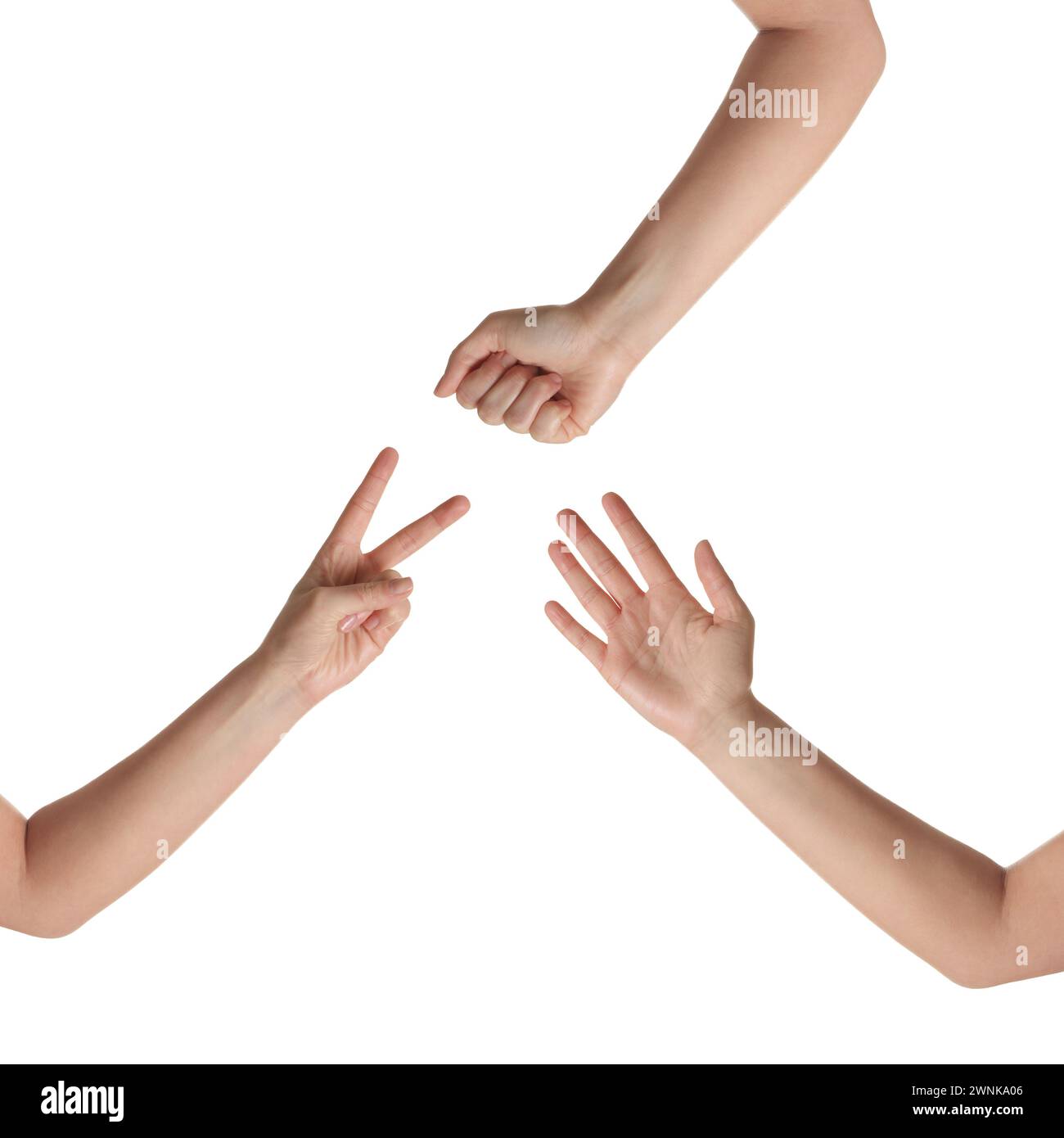 People playing rock, paper and scissors on white background, top view ...
